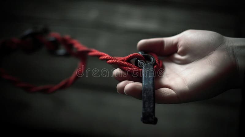 A Person Holding a Piece of Red String with a Black Handle Stock ...