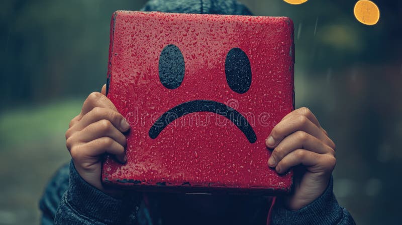 Person Holding Red Sad Face Sign on Rainy Day Stock Image - Image of ...