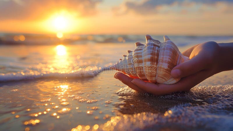 A Person Holding a Seashell on the Beach at Sunset, AI Stock Image ...