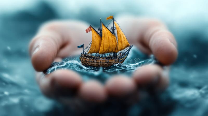 A Person Holding a Small Boat in Their Hands with Waves, AI Stock Photo ...