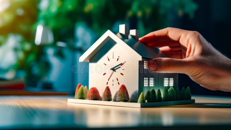 Person Holding Small House Shaped Like House with Clock on it ...