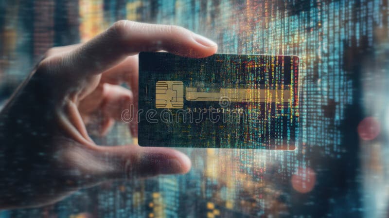 Hand Holding a Smart Card with Digital Data and Binary Numbers in the ...