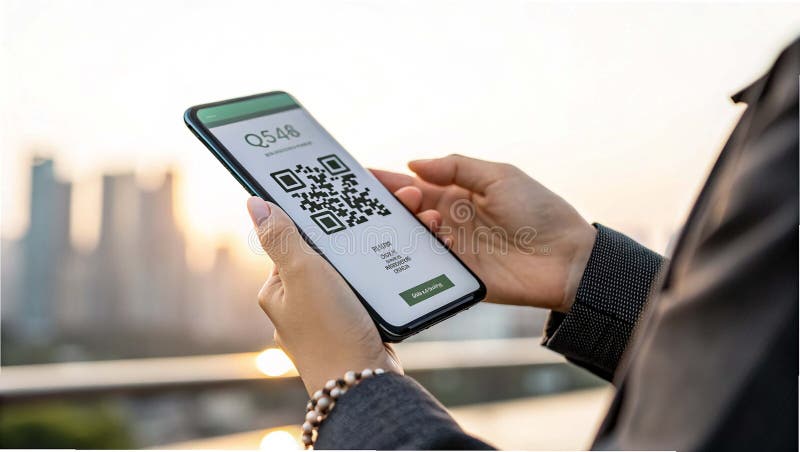 Person Holding Smartphone Displaying QR Code in Urban Setting Stock ...