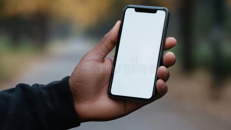 A Person is Holding a Smartphone Featuring a Blank White Screen ...