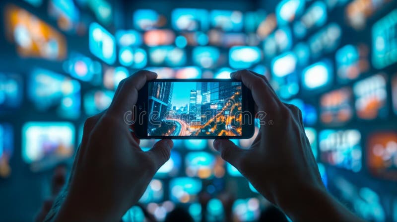 A Person Is Holding A Smartphone In Front Of A Wall Of Screens Displaying Different Content