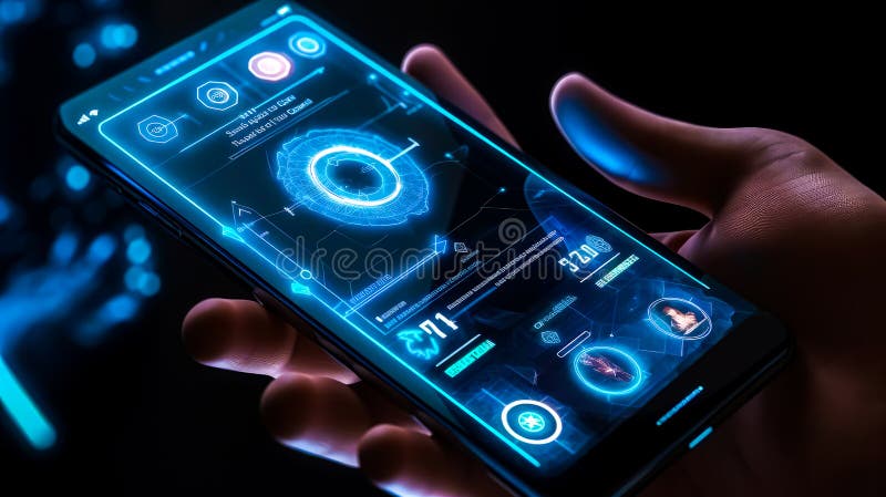 Person Holding Smartphone with Futuristic Technology on the Screen ...
