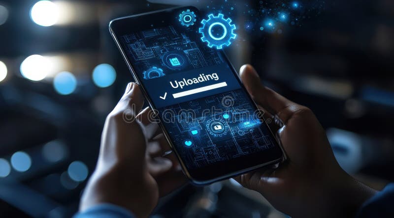 Person Holding Smartphone Uploading Progress Screen Stock Photos - Free ...