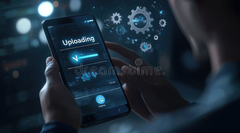 Person Holding Smartphone with Uploading Progress on Screen Stock Image ...