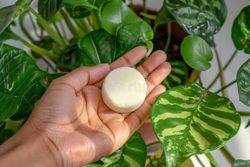 Person Holding Solid Shampoo Bar with Green Plants Stock Image - Image ...