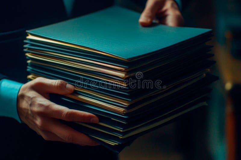 Person Holding a Stack of Organized Blue Folders in a Dimly Lit ...