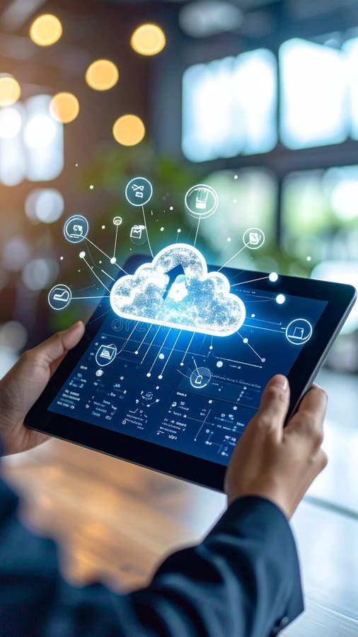 Person Holding Tablet Displaying Cloud Computing Network with Digital ...