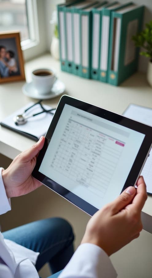 Person is Holding a Tablet in Front of a Stack of Binders Stock Photo ...