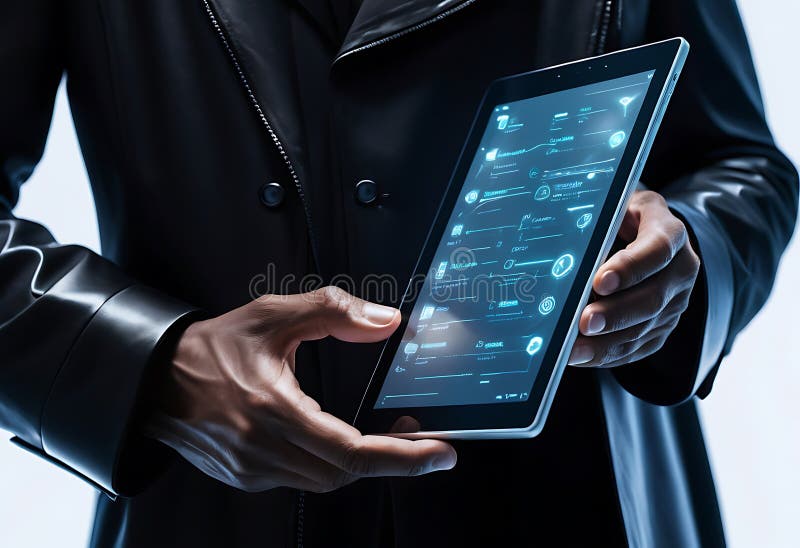 Person Holding a Tablet with Futuristic Interface in a Dark Coat ...