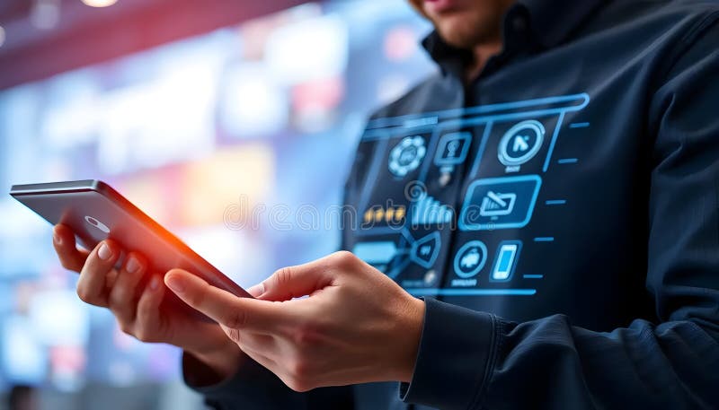 A Person Holding a Tablet with Futuristic User Interface Stock ...