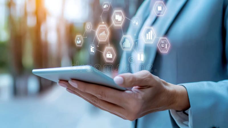 A Person Holding a Tablet with Icons on it, AI Stock Illustration ...