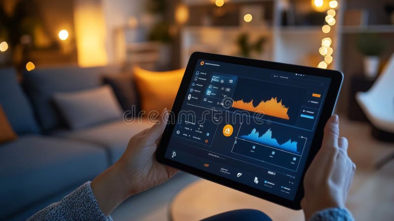 Person Holding Tablet Showing Data Charts at Home at Night Stock ...