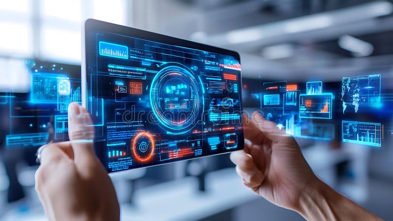 A Person Holding a Tablet Showing Futuristic Interface Data Stock ...