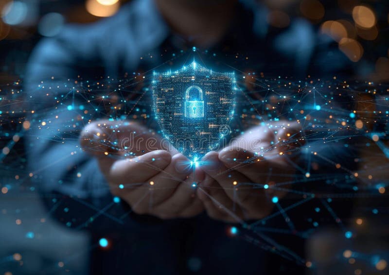 Person Holding Digital Shield with Lock Icon in Hands Stock ...