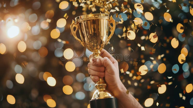 Person Holding Trophy in Front of Confetti Stock Image - Image of ...