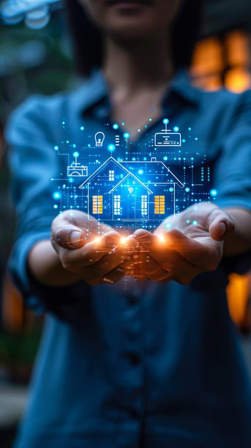 Person Holding Virtual Connected Smart Home Devices on Hand Symbolizing ...