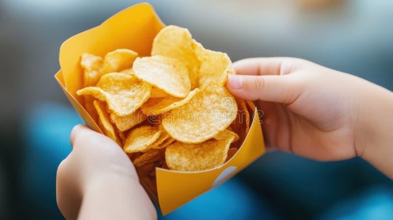 A Person Holding a Yellow Box of Chips in Their Hands, AI Stock Image ...