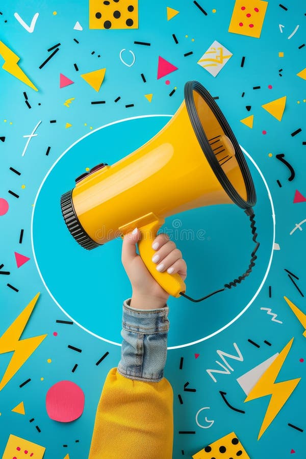A Person Holding a Yellow Megaphone in Front of a Vibrant Blue ...