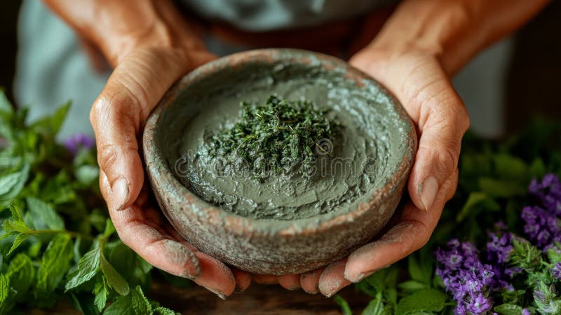 A Person Holds a Bowl of Fresh Herbal Paste Surrounded by Various Green ...