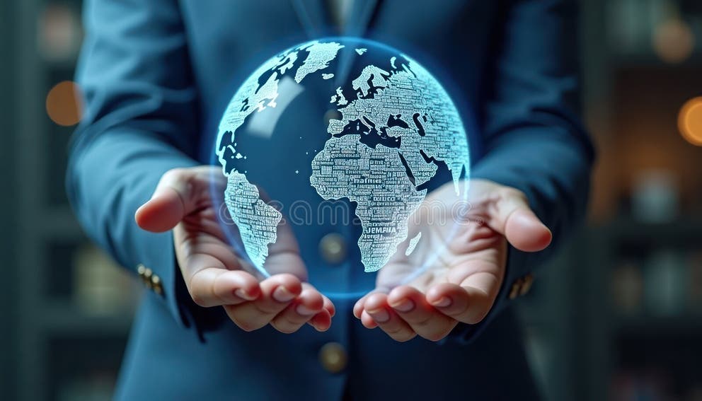 Person Holds Digital Globe with Multiple Languages Displayed. Global ...