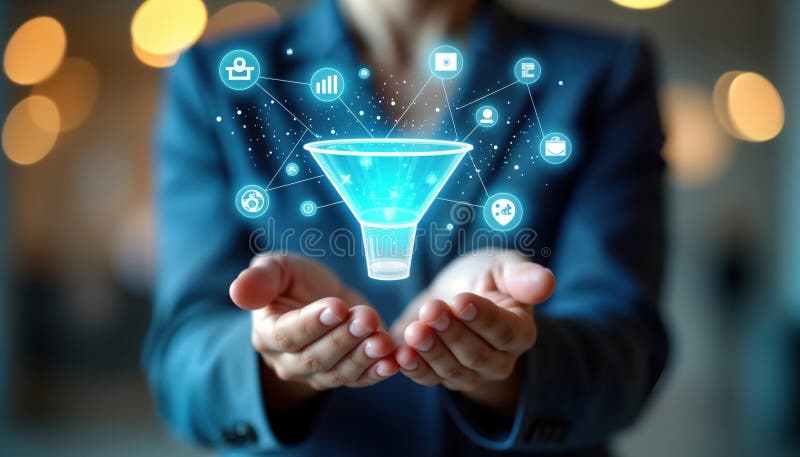 Person Holds Digital Marketing Funnel with Tech Icons. Sales Process ...