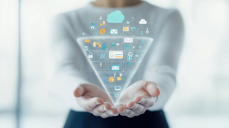 Person Holds Digital Marketing Funnel with Various Icons. Process ...