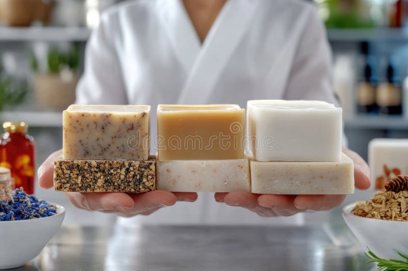A Person Holds Four Distinct Types of Handmade Soaps in a Workshop ...