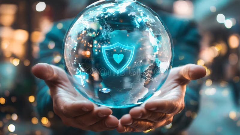 A Person Holds a Glowing Globe with a Security Shield Icon. Cyber ...