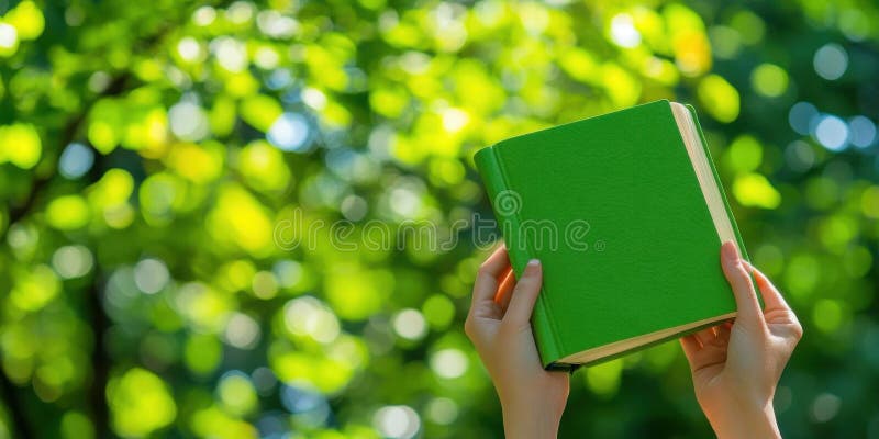 Person Holds Green Book with Blurred Green Forest Background, Reading ...