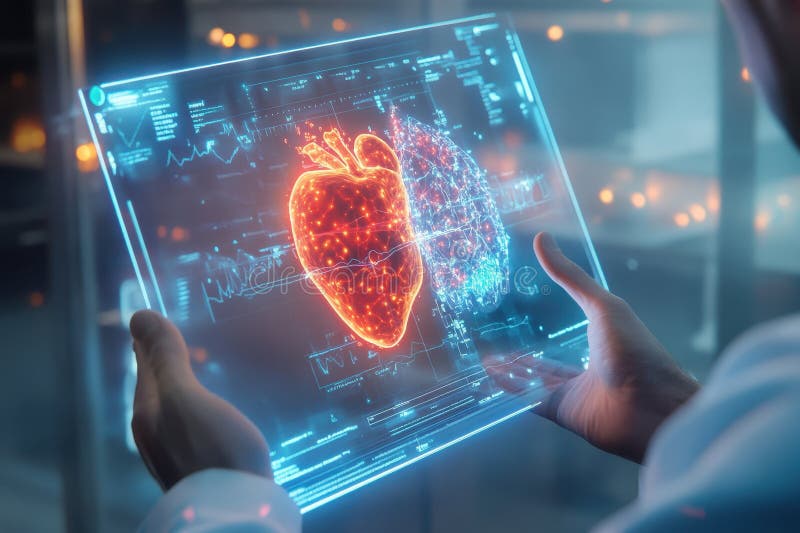 A Person Holds a Holographic Display Showing a Heart and Brain ...
