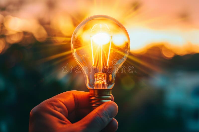 A Person Holds a Light Bulb in Front of a Sunset, Symbolizing ...