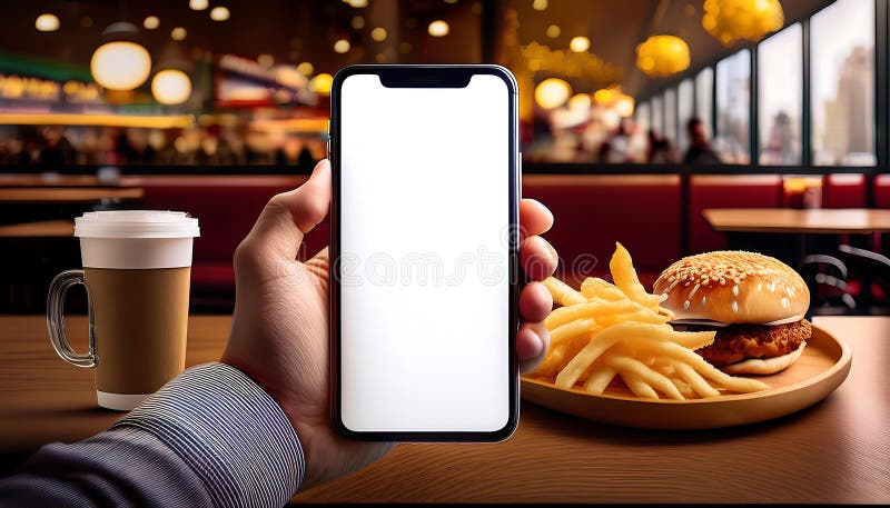 Person Holds Smartphone with Blank Screen at a Table with Fast Food ...
