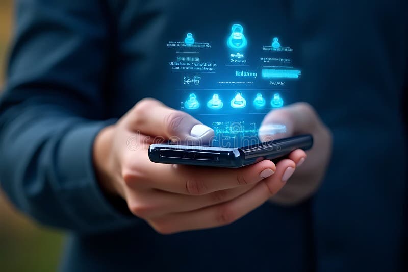 Person Holds a Smartphone Displaying Holographic User Data Interface in ...
