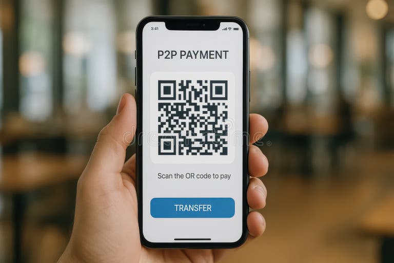 A Person Holds a Smartphone Displaying a White-themed P2P Payment QR ...
