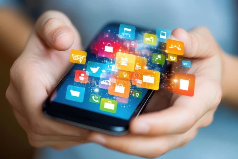A Person Holds a Smartphone Emitting Various Colorful Icons ...