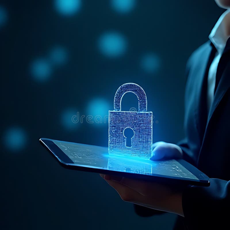 A Person Holds a Tablet Displaying a Digital Lock Symbol for Security ...