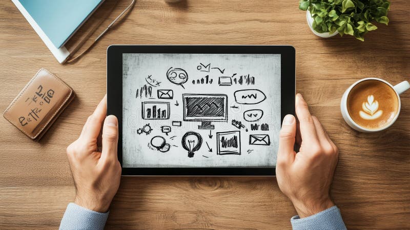 A Person Holds a Tablet Displaying Hand-drawn Sketches of Technology ...