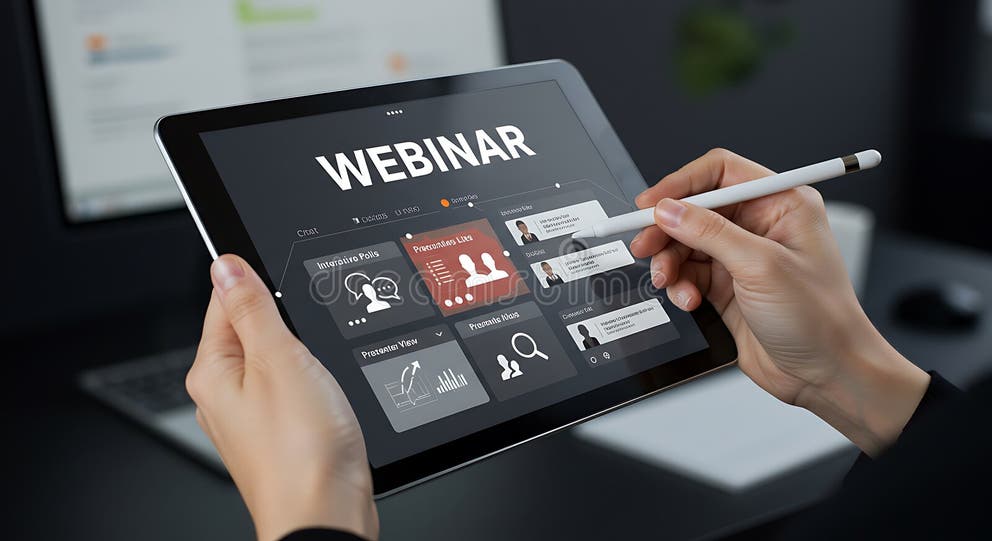 A Person Holds a Tablet Displaying a Webinar Interface, Interacting with a Stylus. the Stock ...
