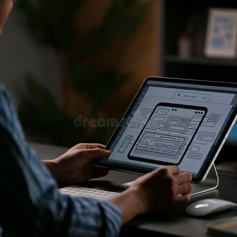A Person Holds a Tablet Displaying a Wireframe Design of a Website or ...