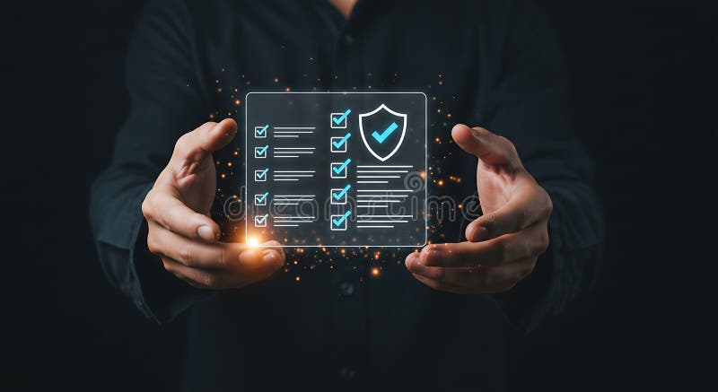 A Person Holds a Transparent Digital Checklist with Glowing Checkmarks ...