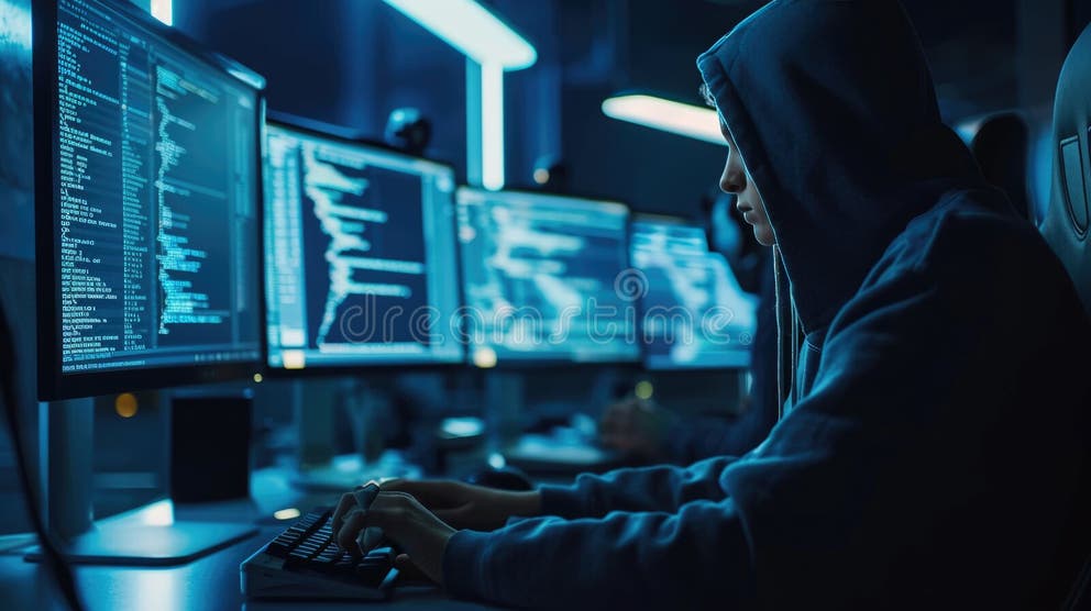 Person in a Hooded Jacket from Behind, Working on a Computer with Multiple Screens Displaying ...