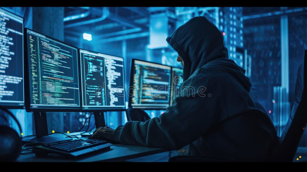 Person in a Hooded Jacket from Behind, Working on a Computer with ...