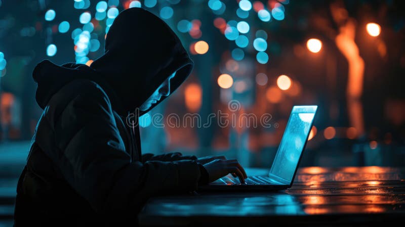 Person in a Hooded Jacket from Behind, Working on a Computer with ...