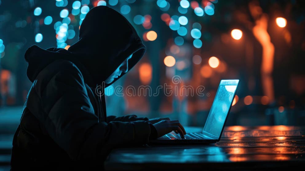 Person in a Hooded Jacket from Behind, Working on a Computer with ...