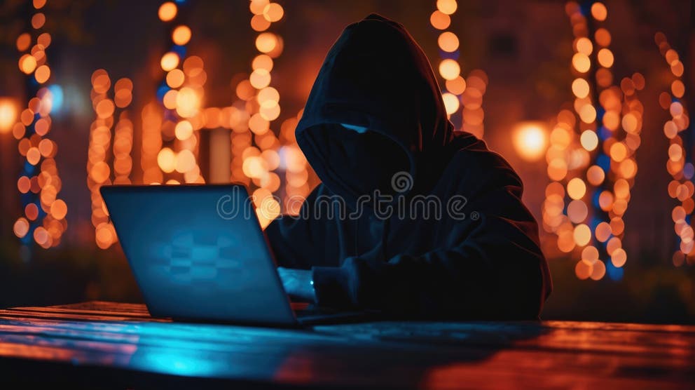 Person in a Hooded Jacket from Behind, Working on a Computer with ...