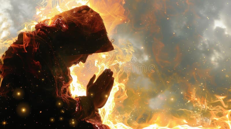 A Person in a Hooded Robe Praying with Flames Behind Them, AI Stock ...